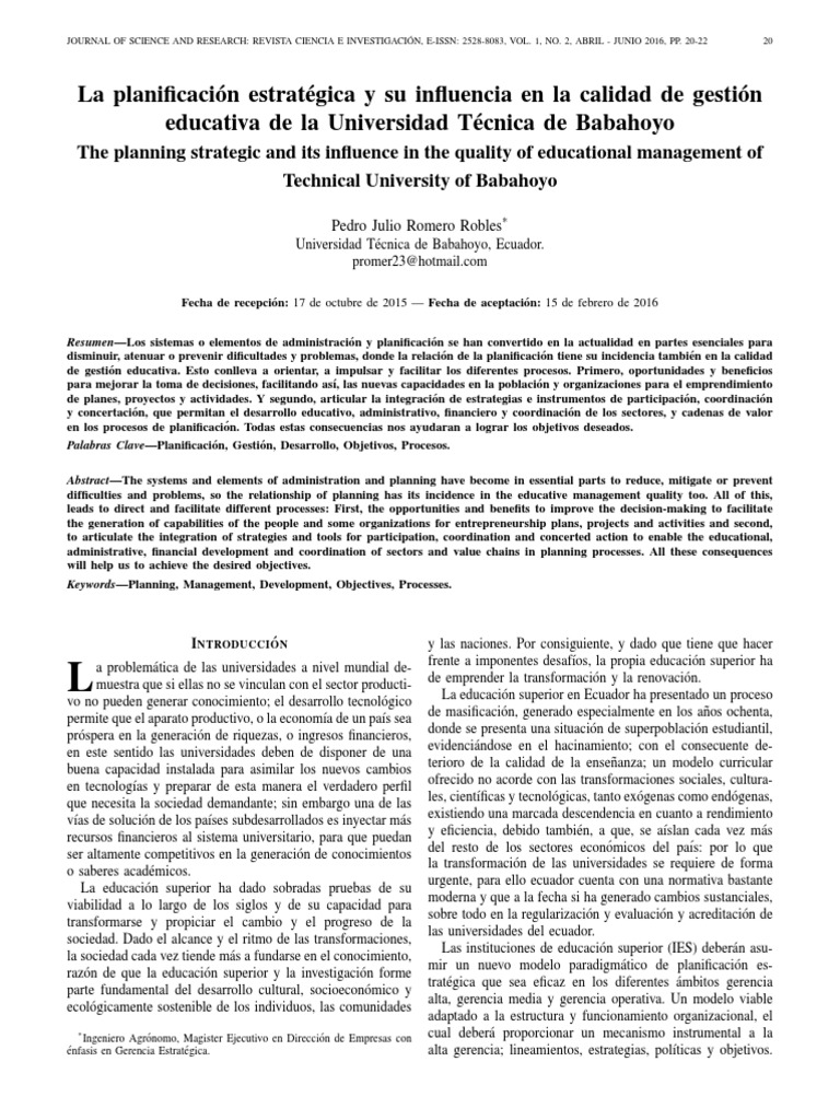 La Planificaci On Estrat Egica y Su Influencia en La Calidad de Gesti On Educativa de La ...