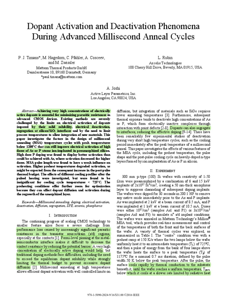 Dopant Activation and Deactivation Phenomena During Advanced ...