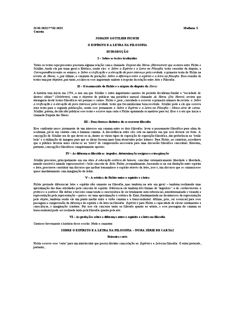 Fichte e Schiller: Espírito e Letra na Filosofia | PDF | Estética ...