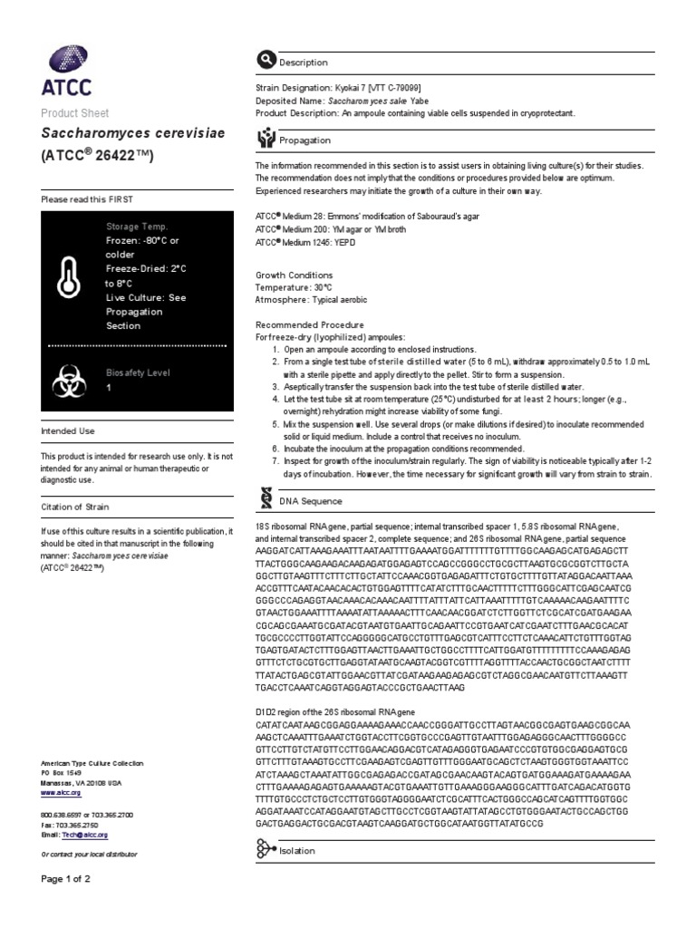 Saccharomyces Cerevisiae: (Atcc 26422™) | PDF | Atcc (Company) | Gene