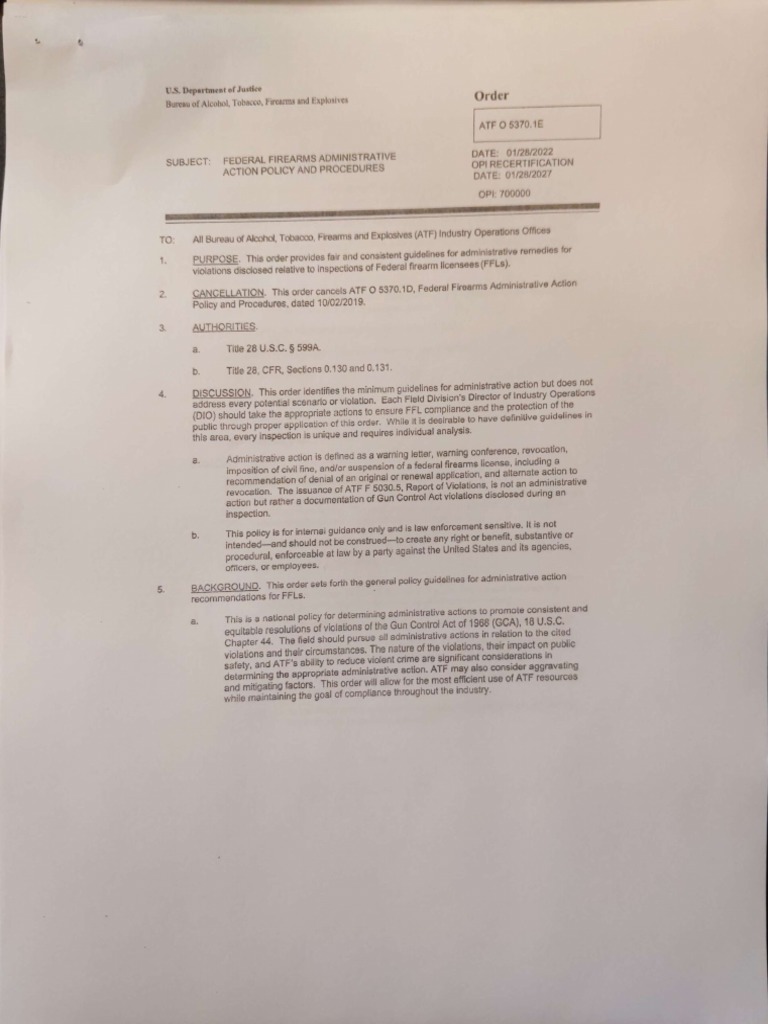 ATF O 5370 1E Federal Firearms Administrative Action Policy Procedures ...