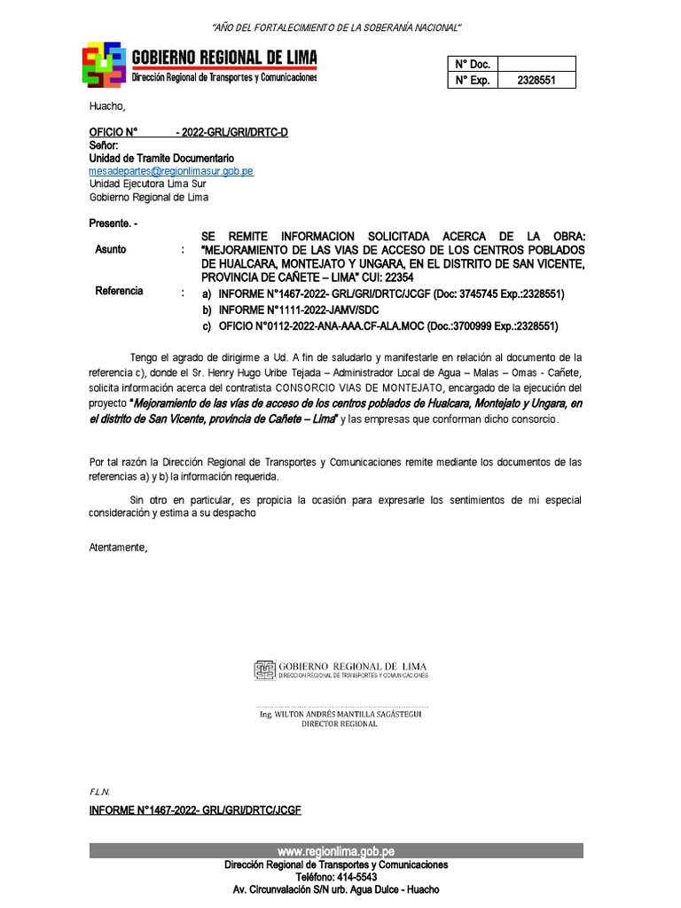 Informe N°1111-2022 Se Remite Informacion Solicitada - Montejato | PDF | Lima