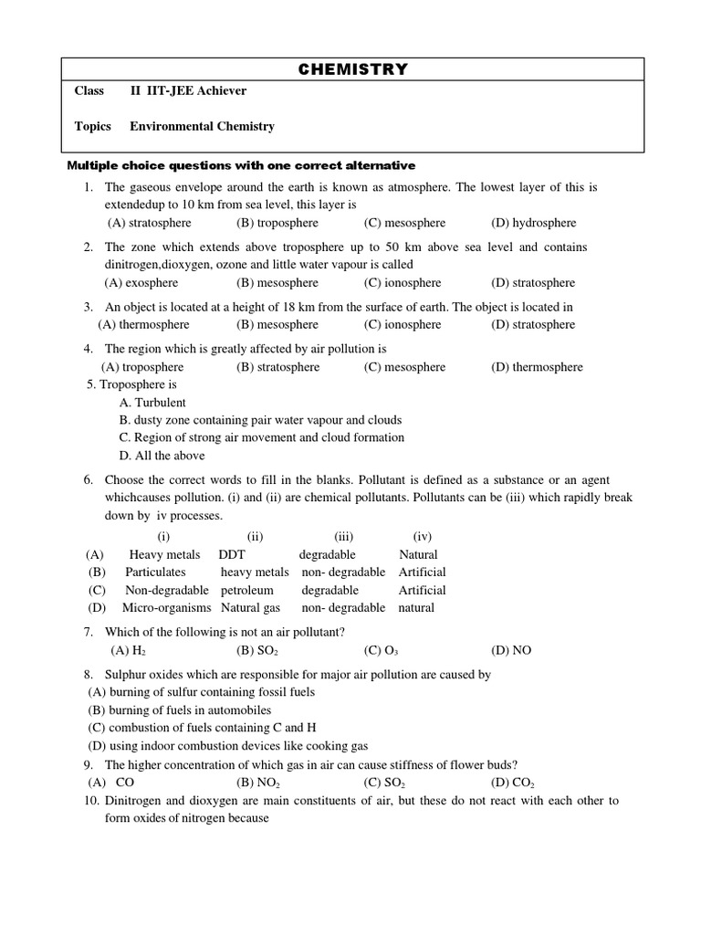 Environmental Chemistry MCQs for IIT-JEE | PDF