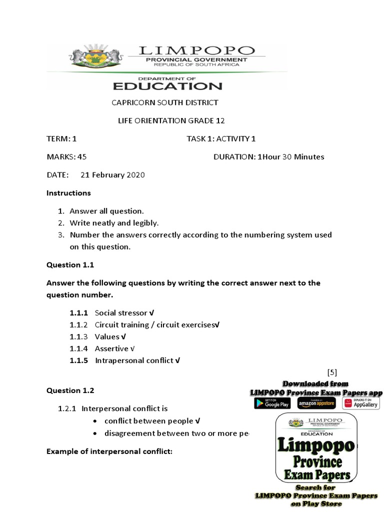 Grade 12 Life Orientation Task 1 Term 1 Marking Guideline | PDF | Cost ...