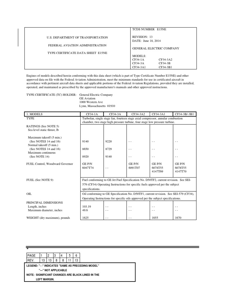 Engine CF34-3B1 TCDS E15NE - Rev - 13 | PDF | Exhaust Gas | Engines