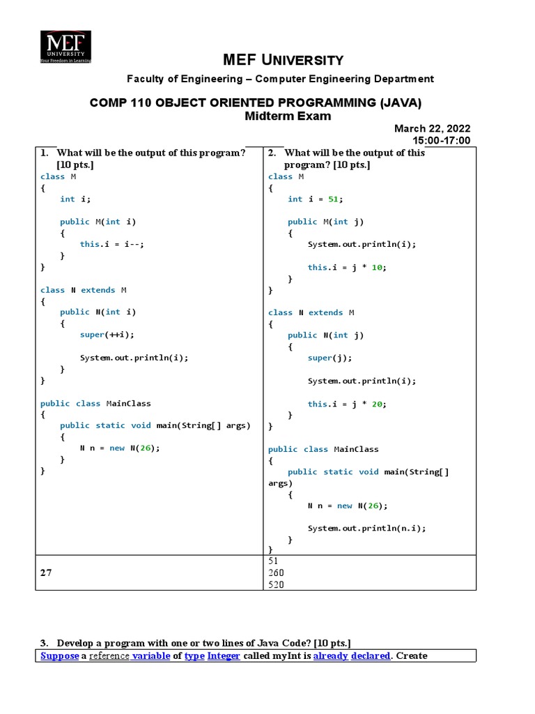 COMP110 OOP - Midterm Exam - Solutions | PDF | Integer (Computer Science) | Method (Computer ...