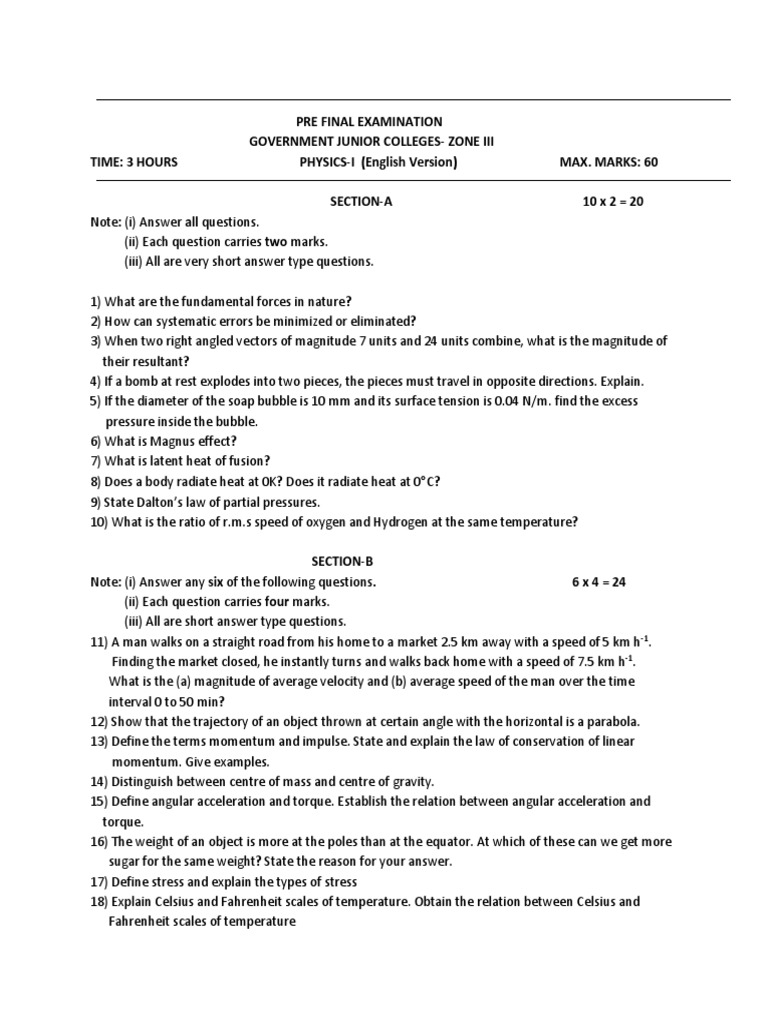 Physics I Pre Final Examination Pdf Momentum Collision