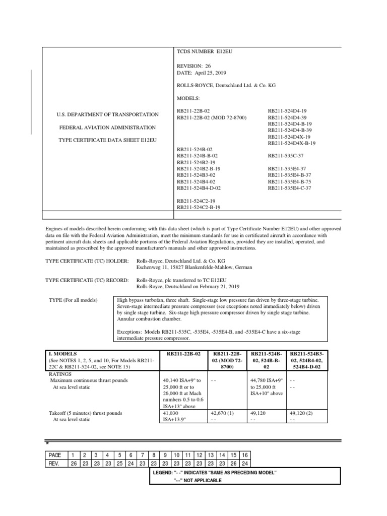 Engine RB211-535 TCDS E12EU - R26 | PDF | Federal Aviation ...