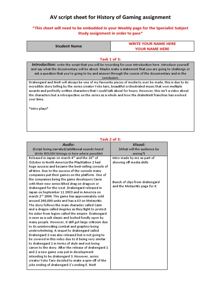 Av Script Sheet For Yr2 Sss | PDF