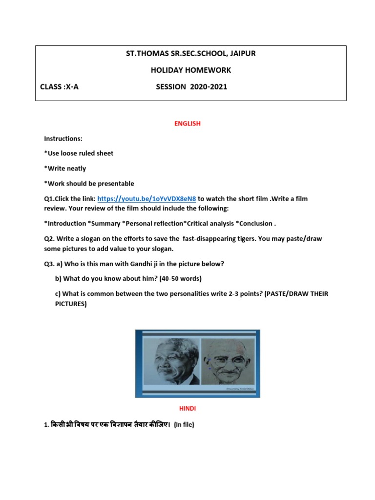 Holiday Homework Assignments for Class X Students of St. Thomas Sr. Sec ...