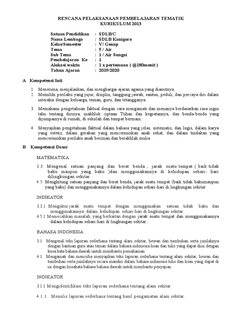 RPP Tunagrahita Kelas 5 Tema 5 Subtema 1 | PDF