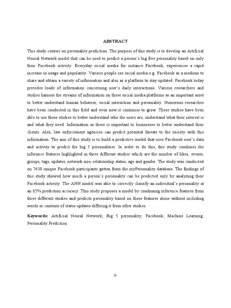 PREDICTING PERSONALITY TRAITS USING FACEBOOK ACTIVITY DATA AND ARTIFICIAL NEURAL NETWORKS | PDF ...