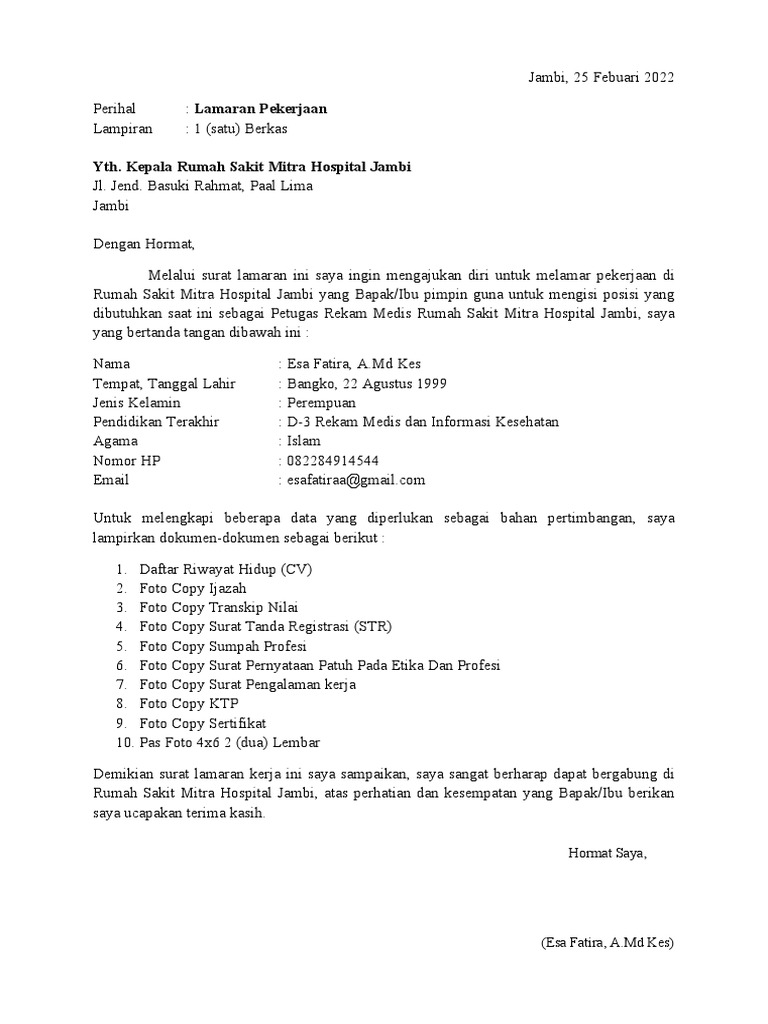 Surat Lamaran RS Mitra Hospital | PDF