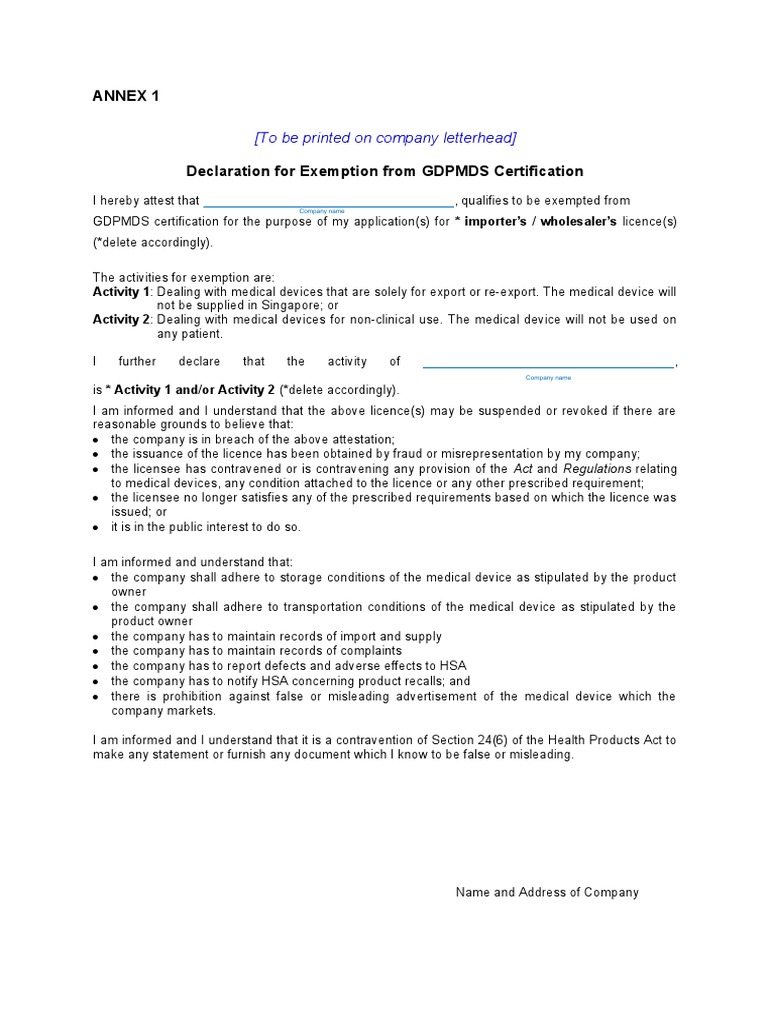 GN 02 Annex 1 Declaration For Exemption From Gdpmds (18aug) | PDF ...