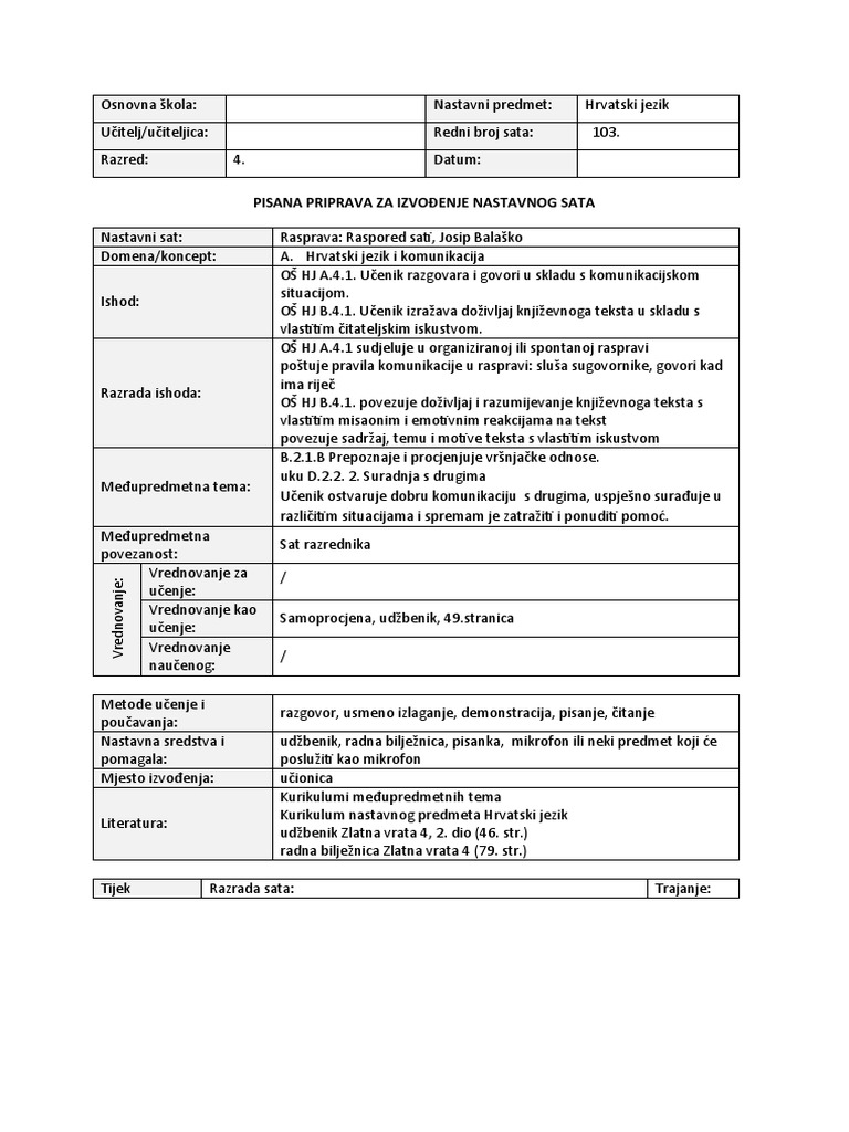 103 JIK Rasprava Raspored+sati J.Balaško | PDF