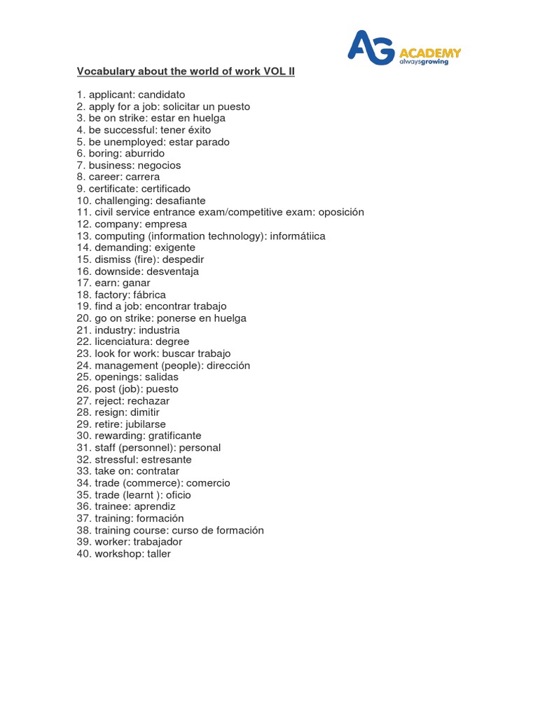 Vocabulario Laboral en Inglés VOL II | PDF