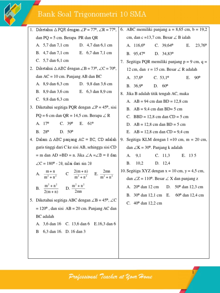 Bank Soal Trigonometri Aturan Segitiga 10 SMA | PDF