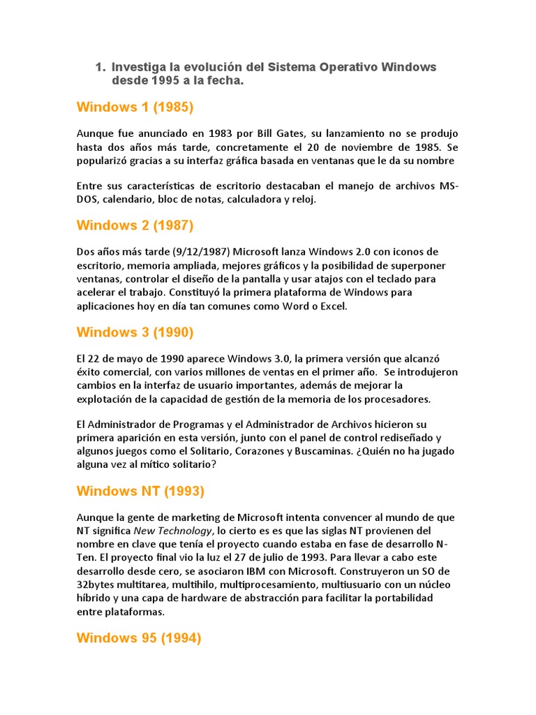 Investiga La Evolución Del Sistema Operativo Windows Desde 1995 A La ...