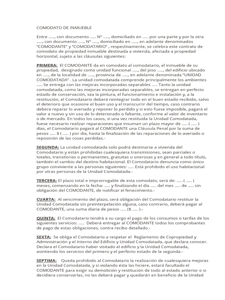 Modelo Comodato de Inmueble | PDF | Derecho privado | Derecho civil (sistema legal)