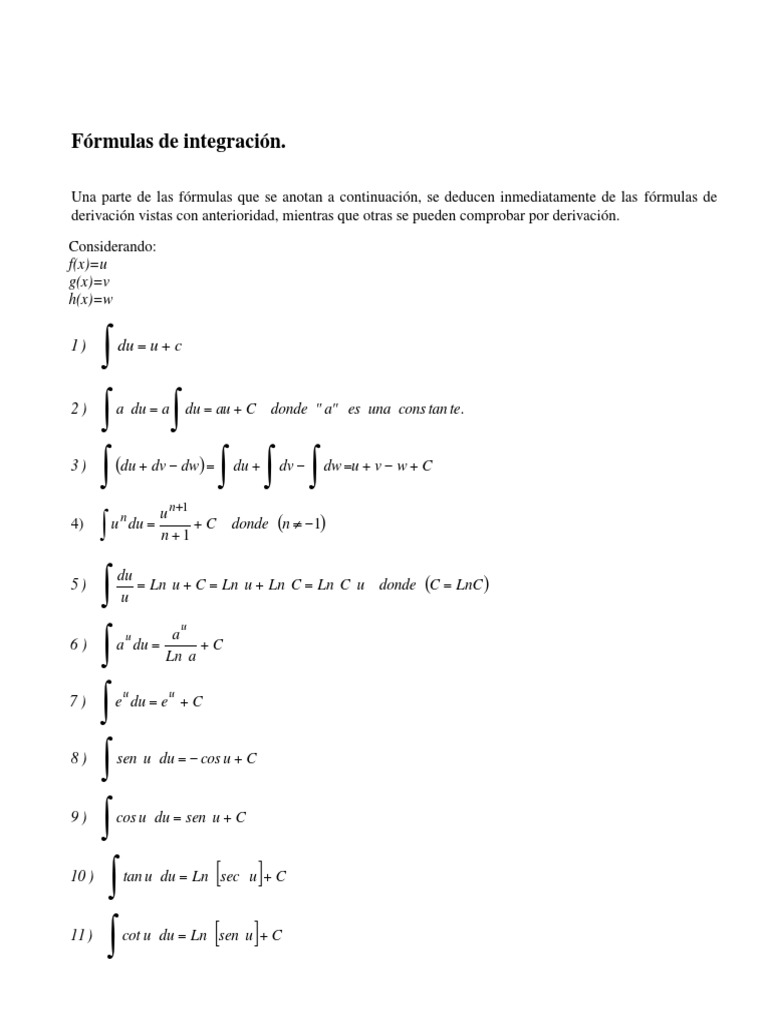 Fórmulas de Integrales Inmediatas | PDF