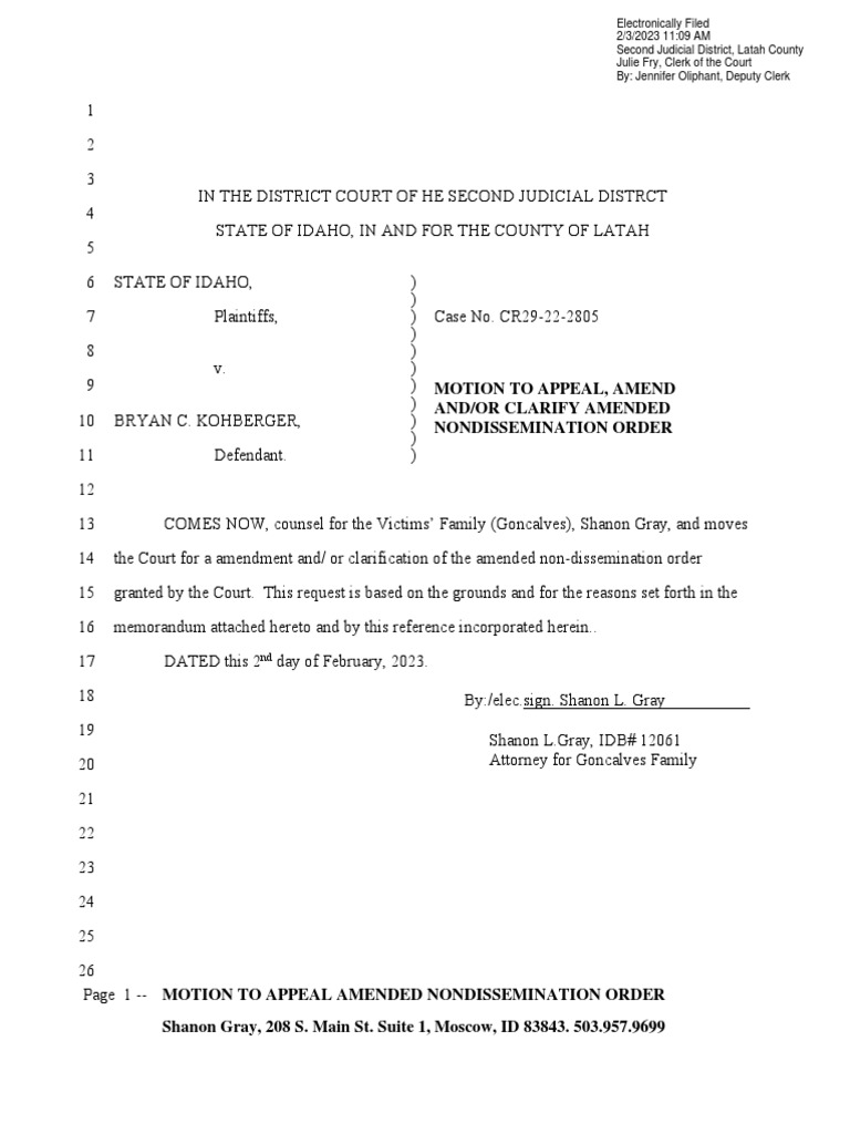 Bryan Kohberger Motion For Appeal Amend AndOr Clarification of Amended ...