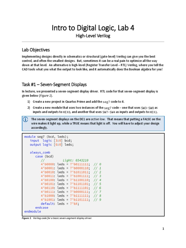 Intro To Digital Logic Lab 4 High Level Verilog Displays Pdf Universal Product Code Computing