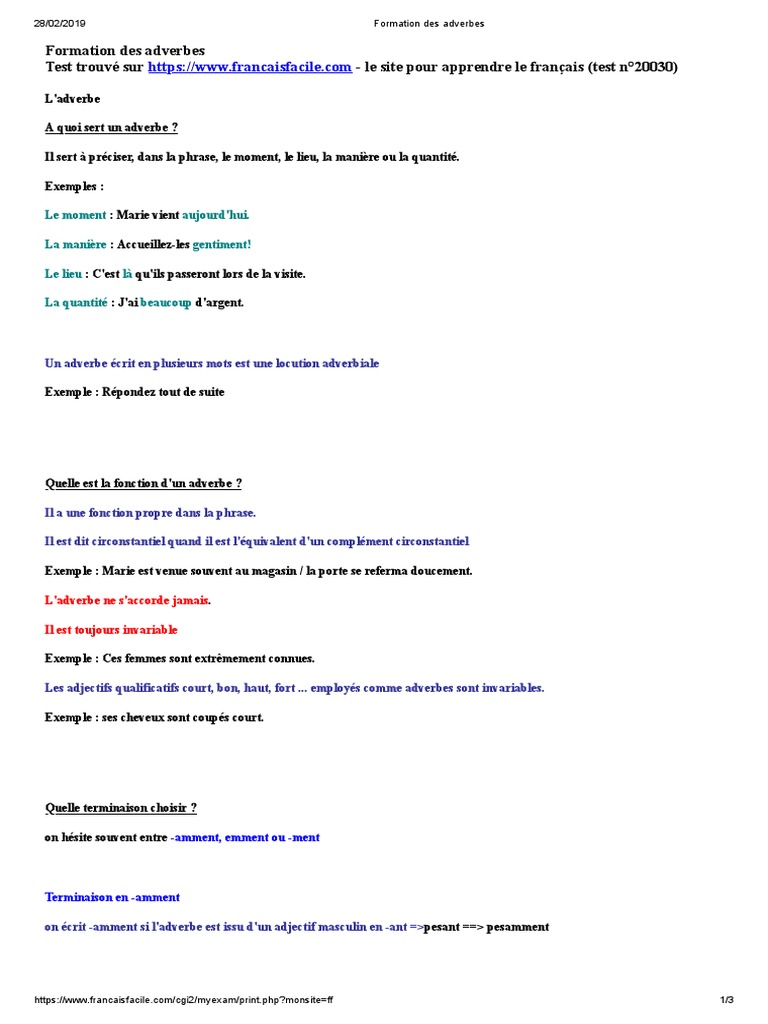 Formation Des Adverbes | PDF | Adverbe | Mécanique du langage