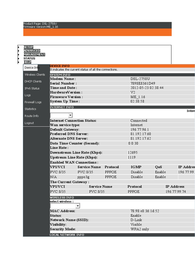 Setup Advanced Management Help: Product Page: DSL-2750U Firmware Version:ME - 1.16 | Download ...