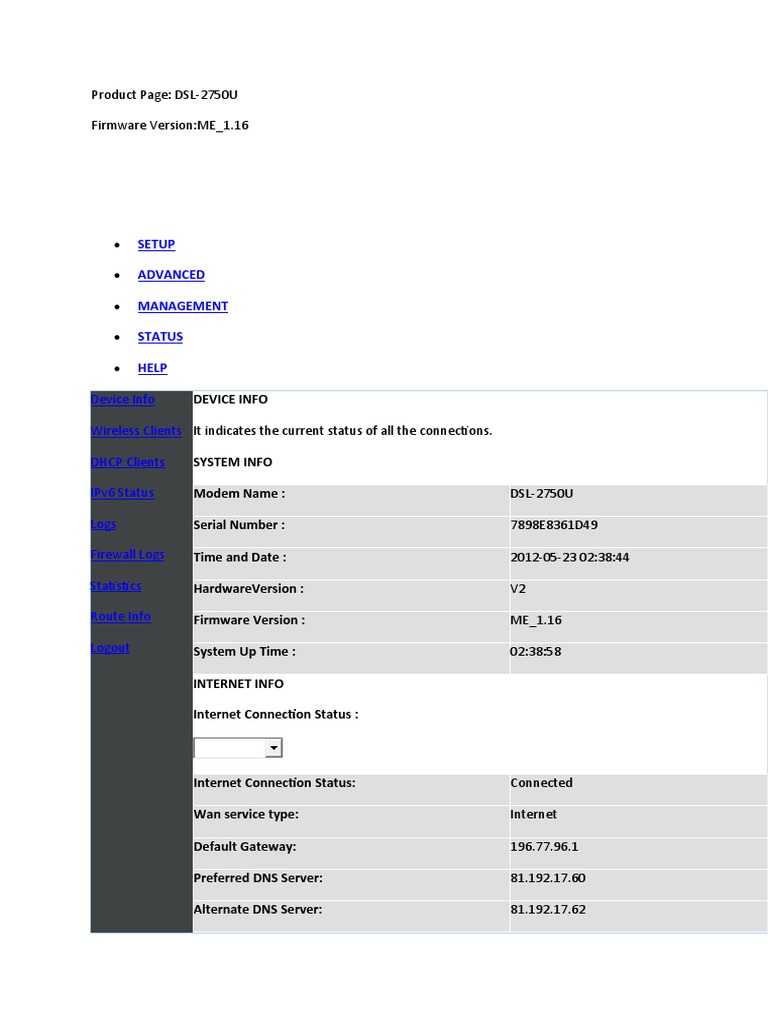 Product Page: DSL-2750U Firmware Version:ME - 1.16: Setup Advanced Management Status Help | PDF ...