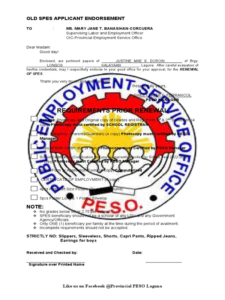 Spes Endorsement Renewal - Done | PDF | Career & Growth