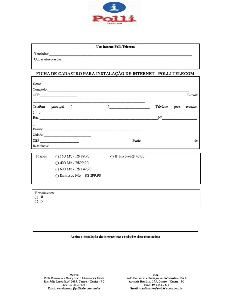 Formulário de cadastro para instalação de internet residencial na Polli ...