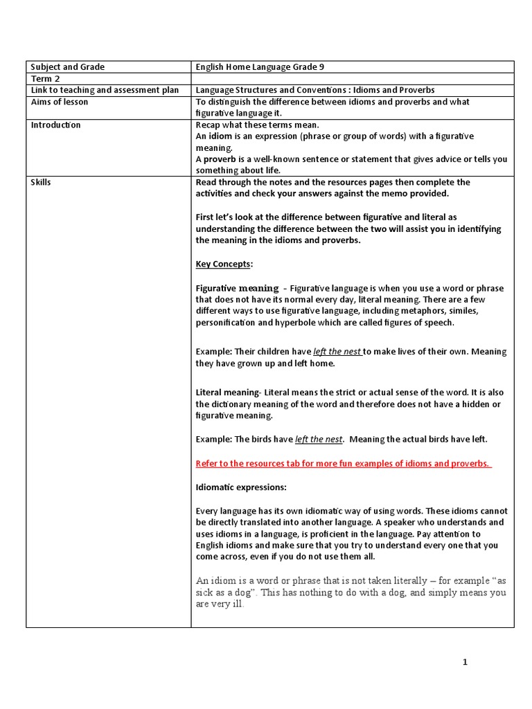GR9 Lesson Proverbs and Idioms | PDF | Idiom | Linguistics