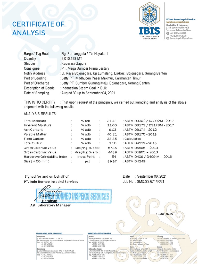 COA BG Sumanggala | PDF | Shipping | Water Transport
