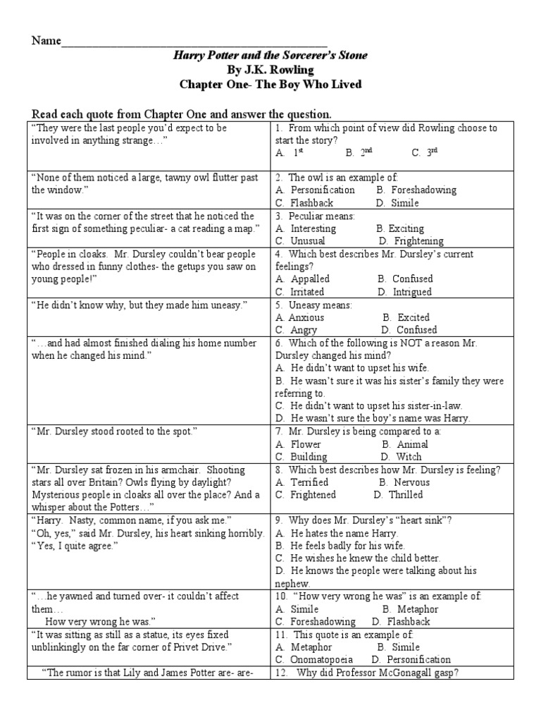 Chapter 1: The Boy Who Lived Quiz | PDF | Harry Potter | J. K. Rowling