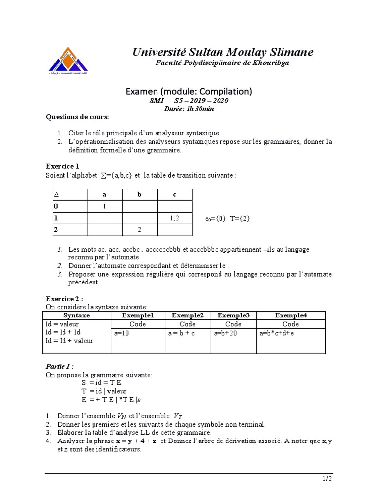 Université Sultan Moulay Slimane: Examen (Module: Compilation) | PDF | Analyse syntaxique | Syntaxe