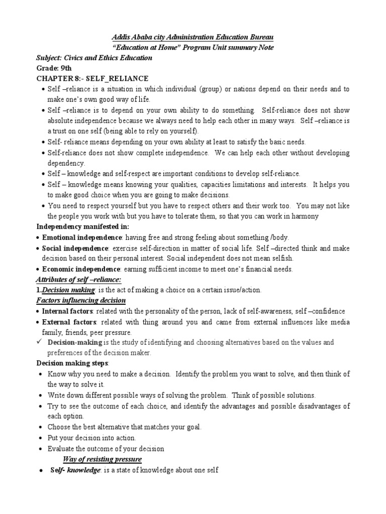 Civics and Ethics Education For Grade 9 Chapter 8 | PDF | Self Esteem | Decision Making