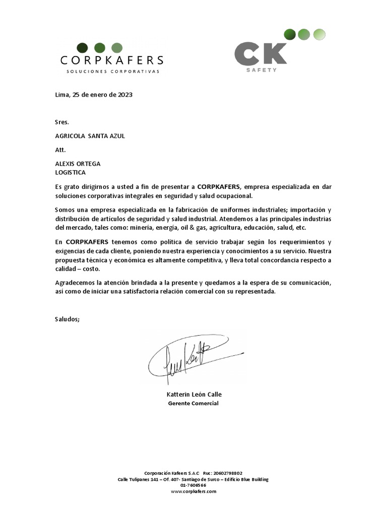 Carta de Presentacion Agricola Santa Azul | PDF