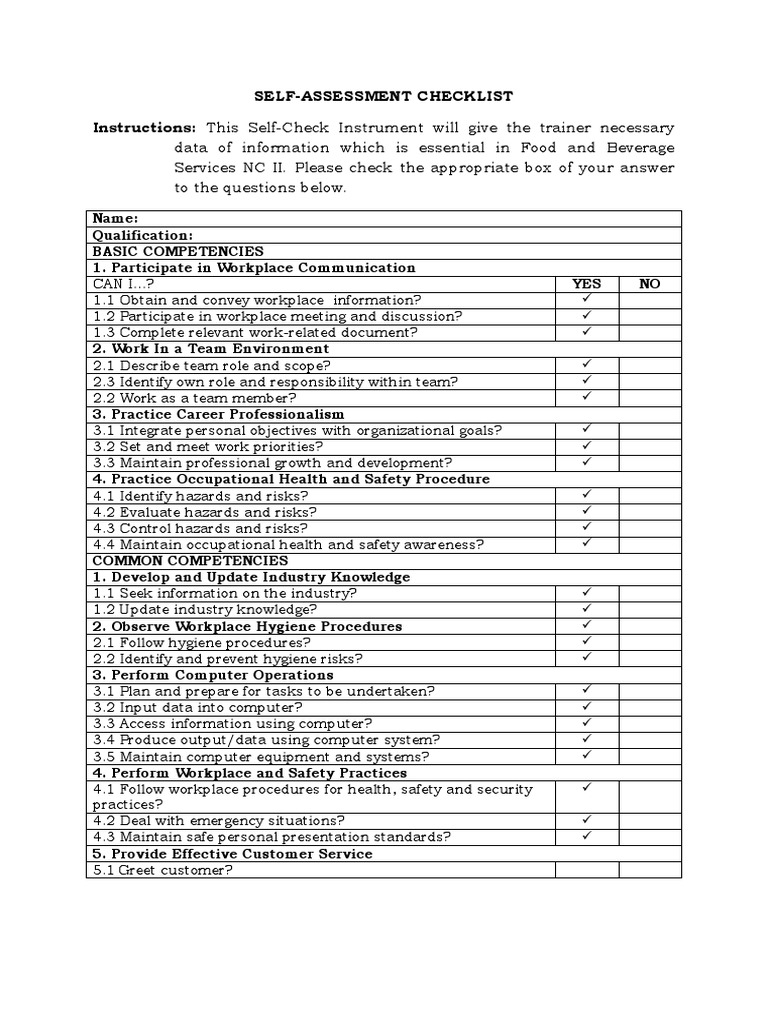 1 - Self Assessment Checklist | PDF | Occupational Safety And Health ...
