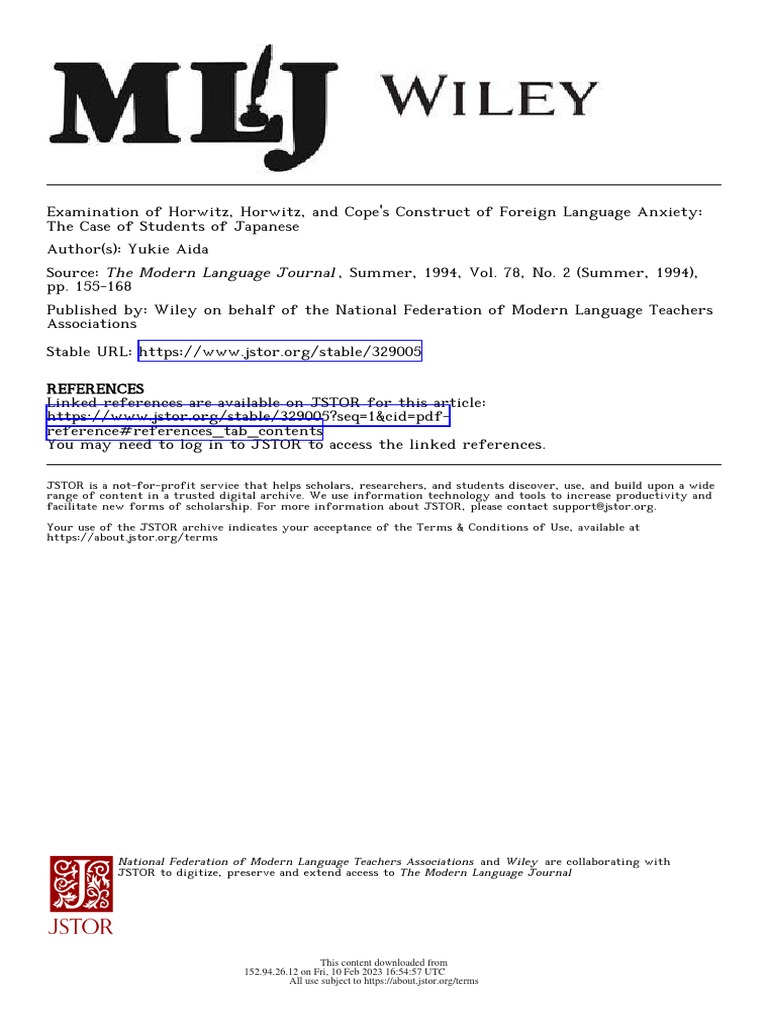 Examination of Horwitz, Horwitz, and Cope's Construct of Foreign ...