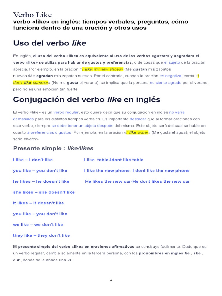 Verbo Like | PDF | Verbo | Oración (Lingüística)