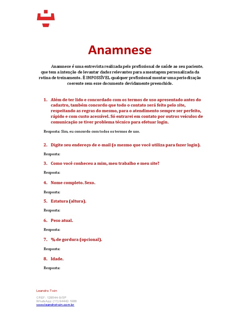 Anamnes e | Download grátis PDF | Musculação | Tempo