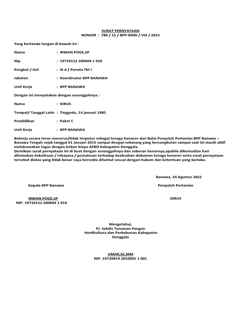 Surat Pernyataan Tenaga Honorer BPP Banawa | PDF