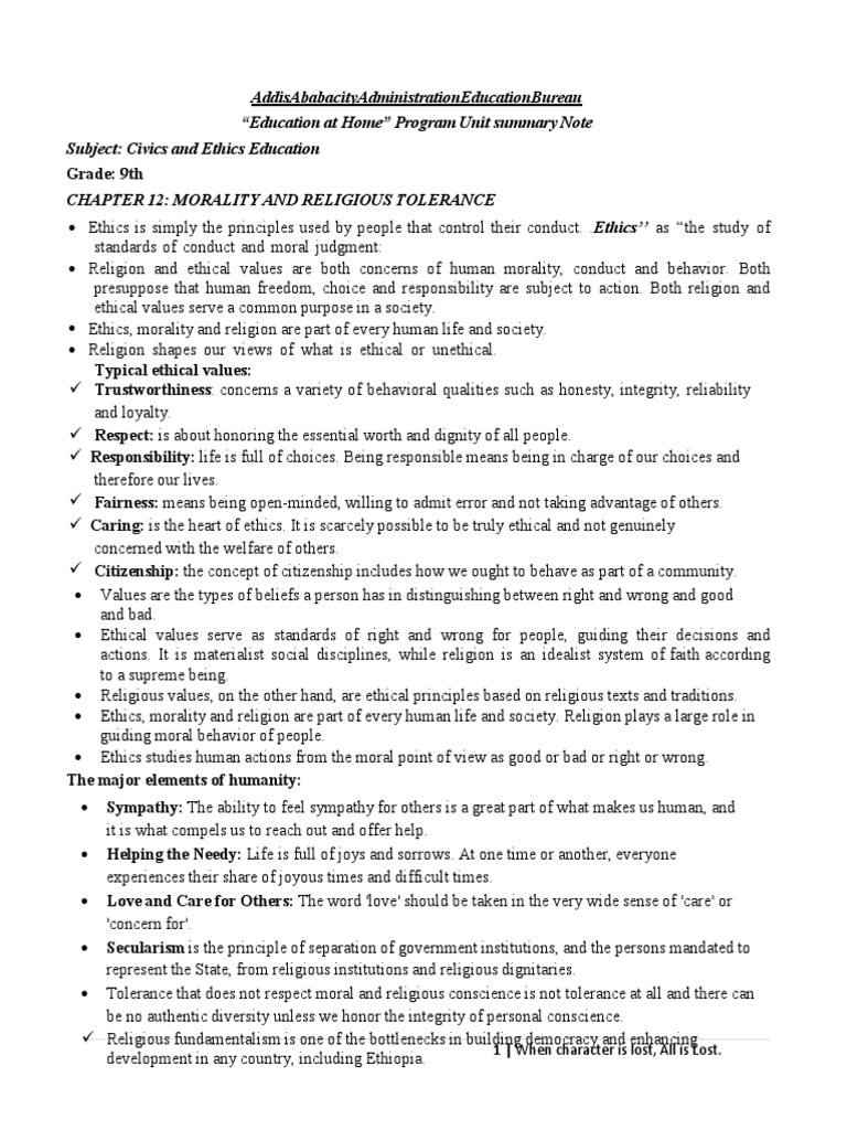 Civics and Ethics Education For Grade 9 Chapter 12 | PDF | Morality ...