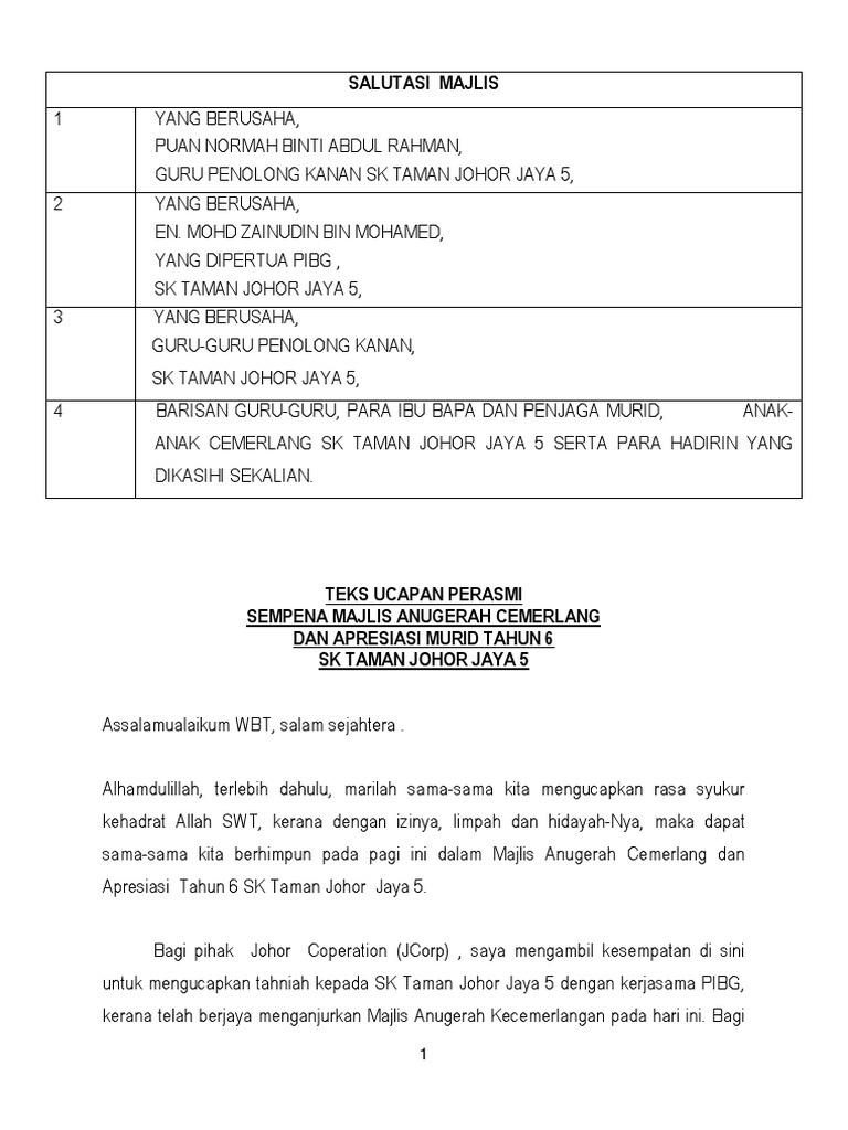 Teks Ucapan Perasmi Majlis Anugerah Cemerlang Dan Apresiasi Tahun 6 SK ...