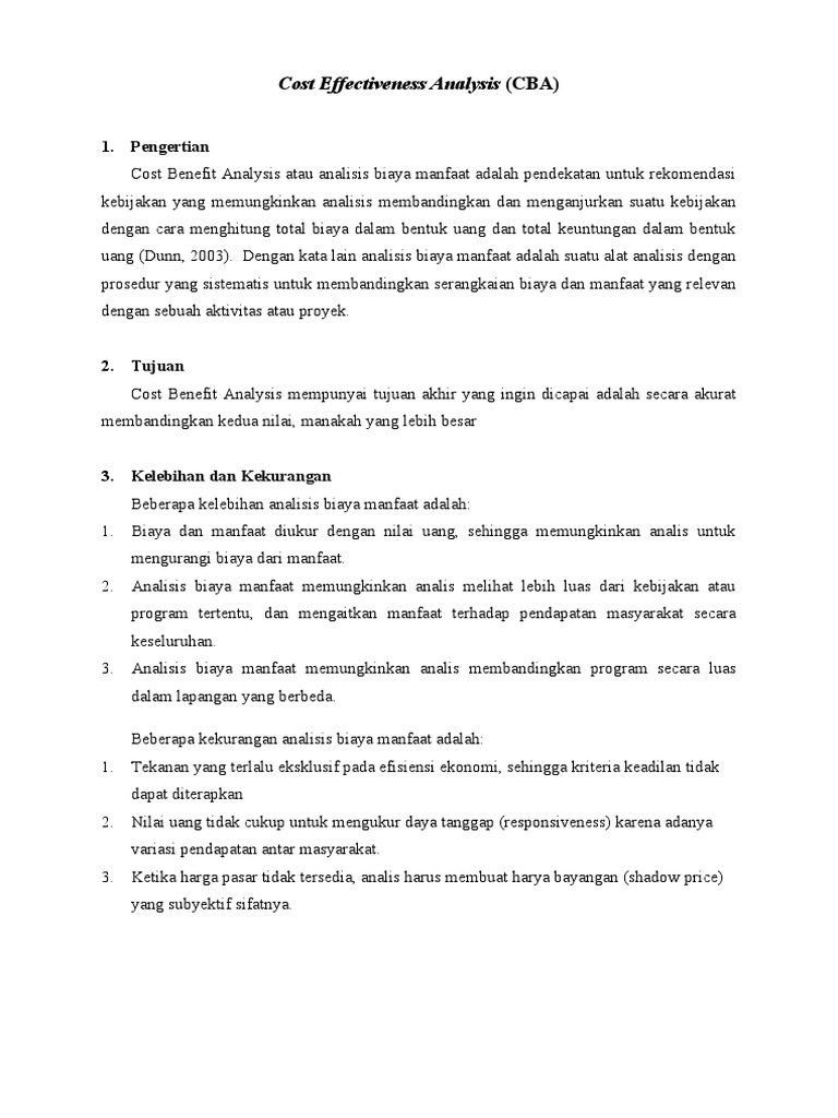Cost Effectiveness Analysis (CBA) : 1. Pengertian | PDF