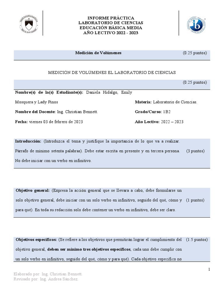 Informe 1 Medición De Volúmenes El Laboratorio De Ciencias Pdf