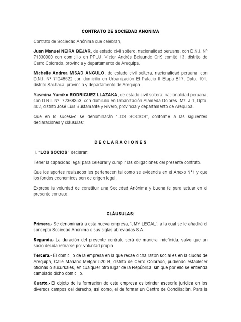 CONTRATO-DE-SOCIEDAD-ANONIMA | PDF | Sociedad de responsabilidad limitada