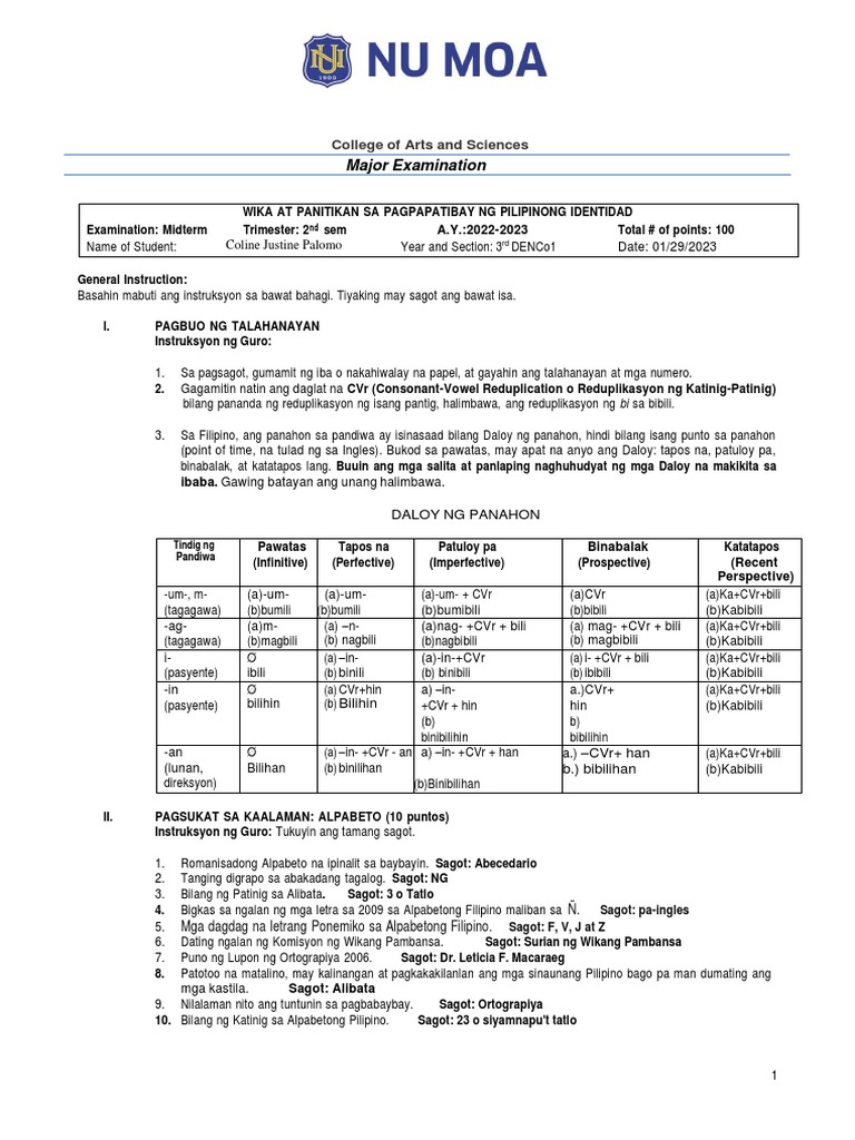 PALOMO Midterm Exam Wika at Panitikan | PDF