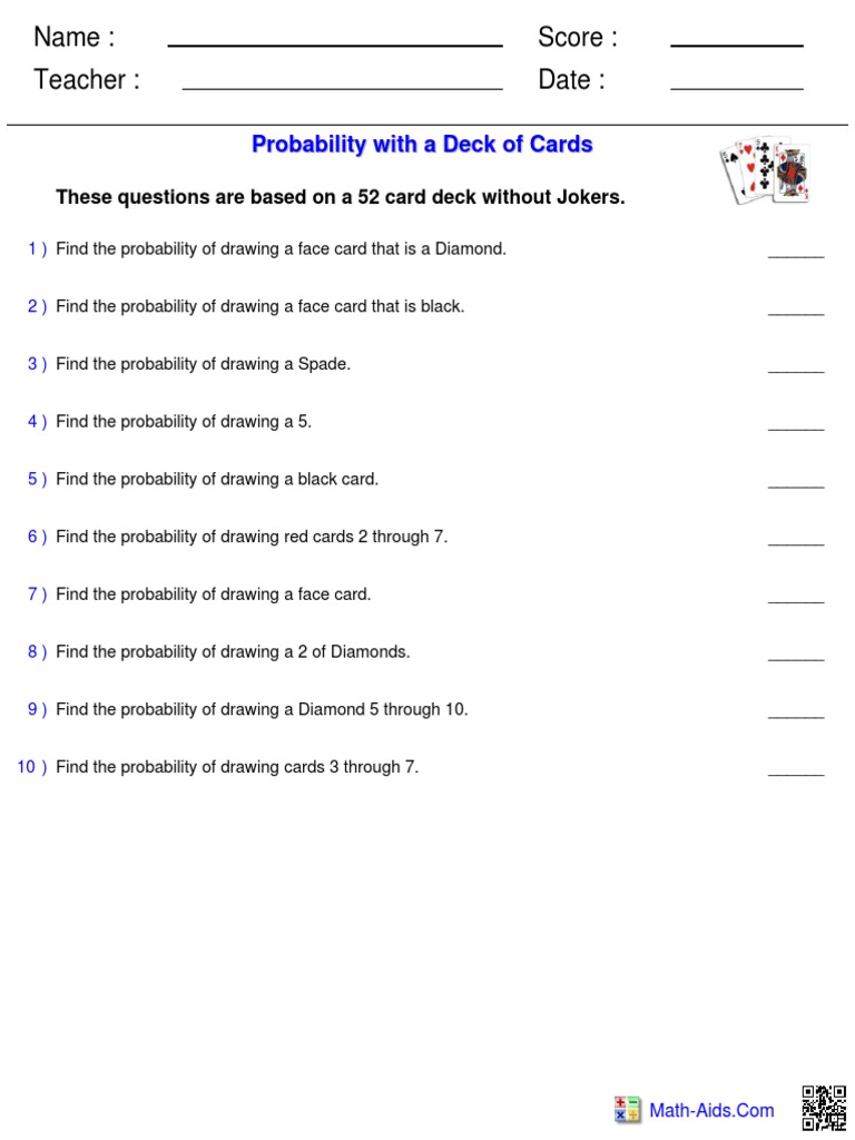 Probability - Cards Worksheet Basic Math Aids | PDF | Playing Cards ...
