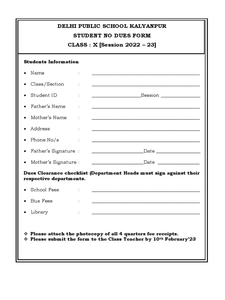 No Dues Form (Class-X) | PDF